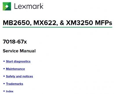LEXMARK MB2650, MX622, XM3250 Service Manual and Parts Manual - Clear ...